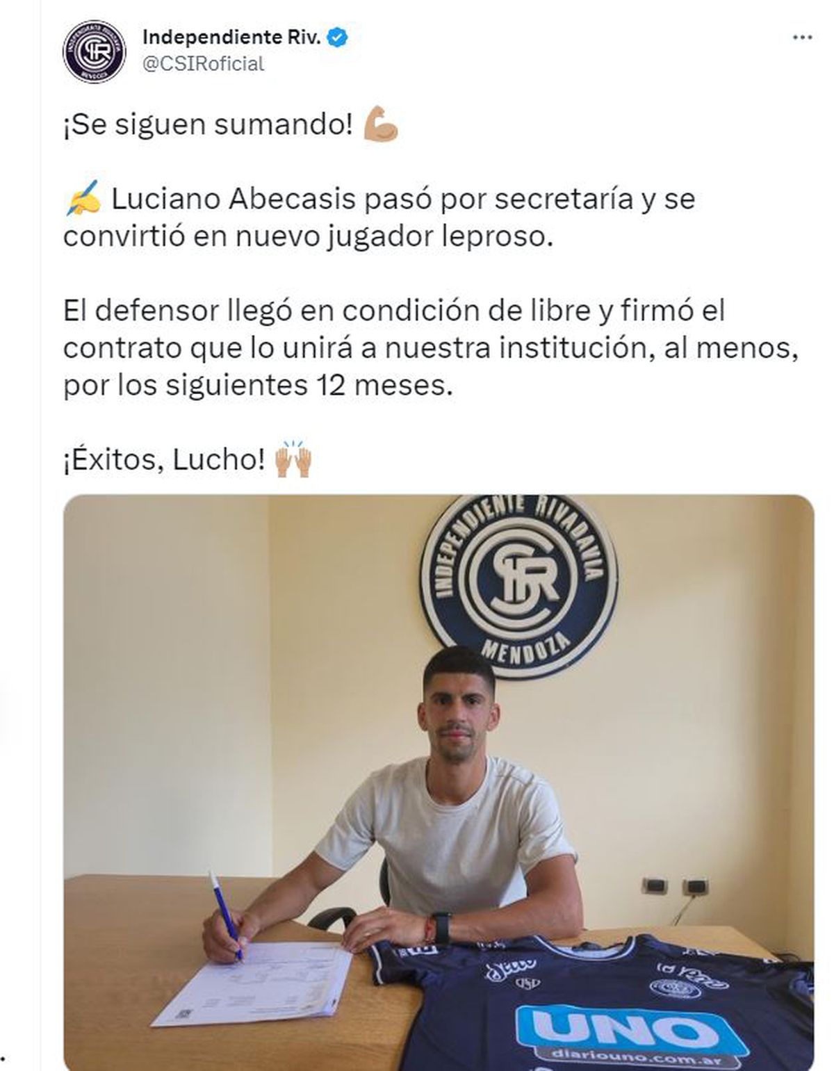 Luciano Abecasis estampó su firma en Independiente Rivadavia