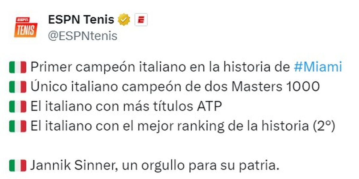 Jannik Sinner ganó el Miami Open y será el nuevo número dos del ranking ...