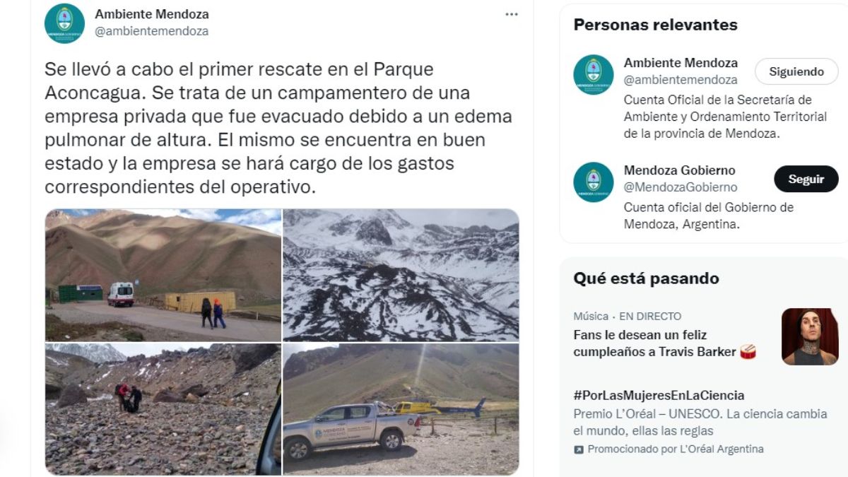 Se realizó el primer rescate de la temporada con el helicóptero en el parque Aconcagua
