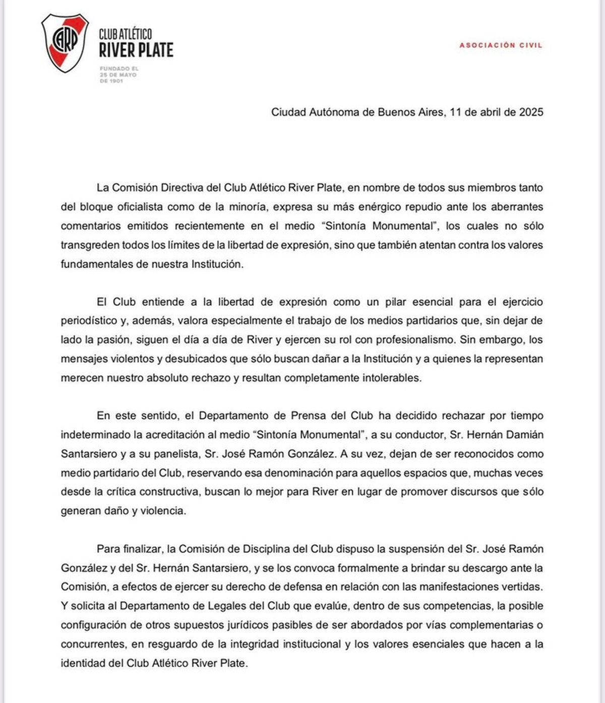 Escándalo en River: la decisión del club tras los repudiables dichos de ...