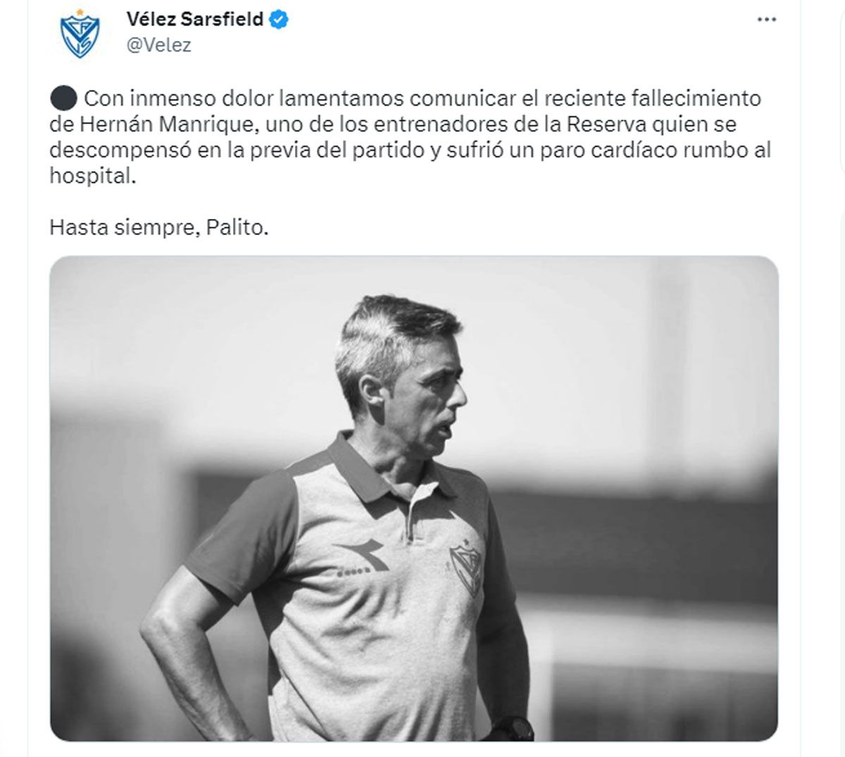 Conmoción en Vélez por la muerte de Hernán Manrique, DT de la reserva