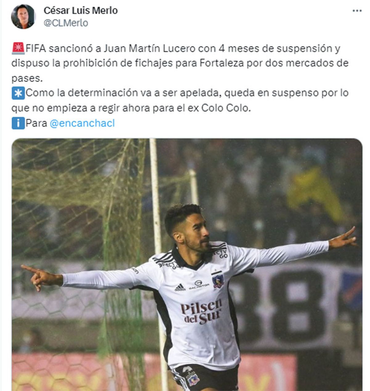 El mendocino Juan Martín Lucero recibió una dura sanción de la FIFA