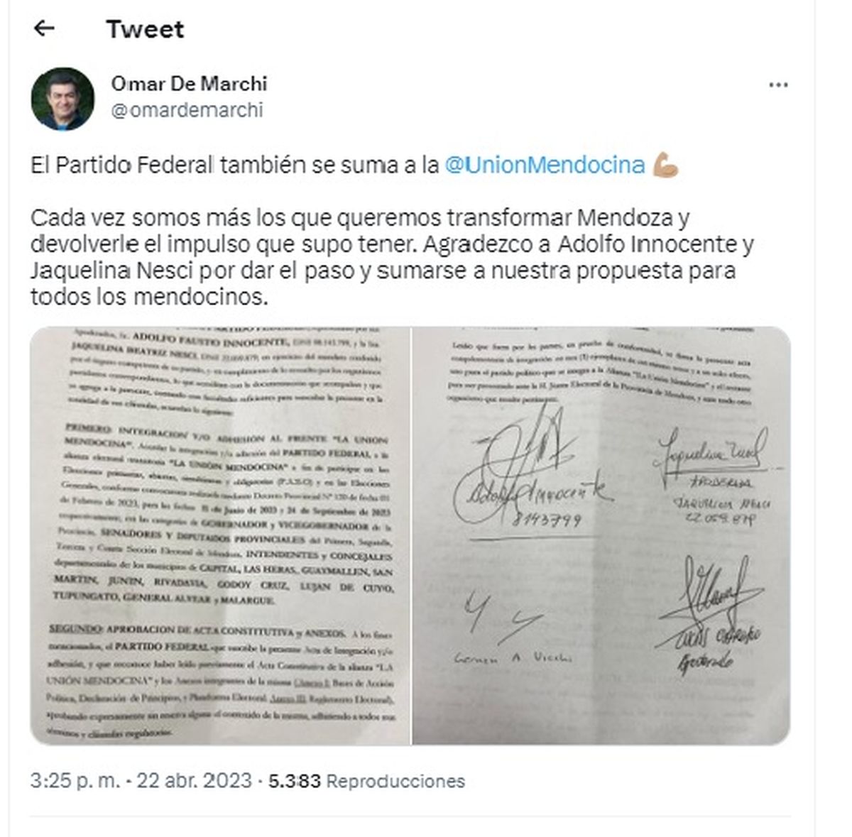 La Unión Mendocina de De Marchi sumó al Partido Federal a sus filas