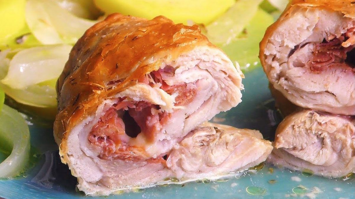 Receta de pollo relleno de jamón y queso para Navidad