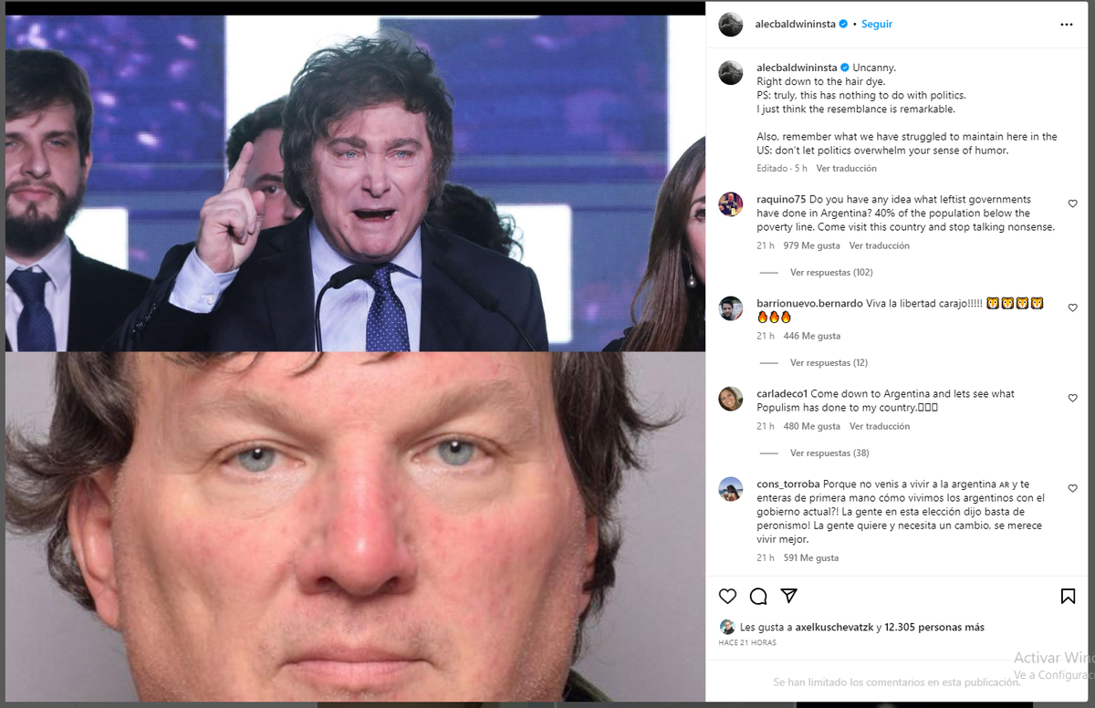 El actor Alec Baldwin comparó a Javier Milei con un asesino serial