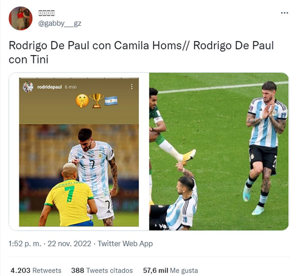 Rodrigo De Paul y Tini Stoessel, blanco de las burlas tras la caída de Argentina