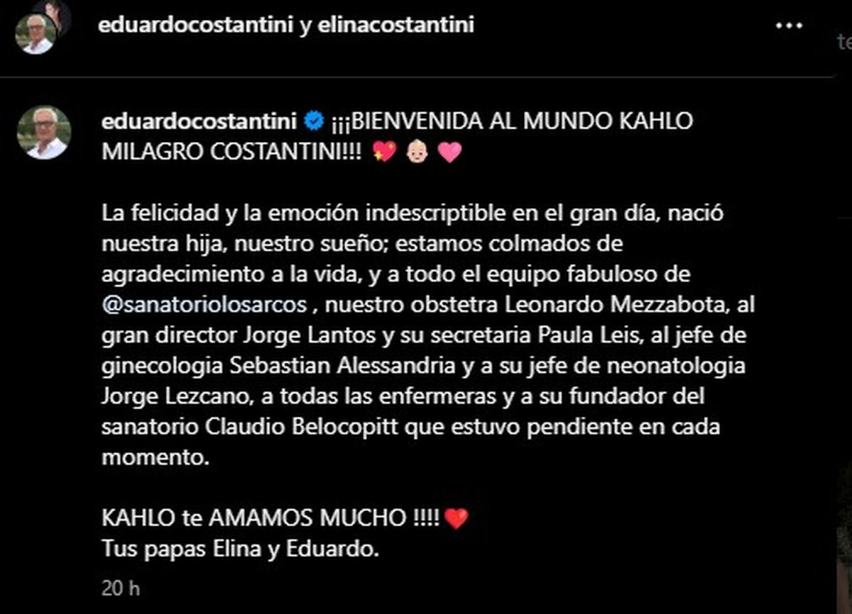 Nació Kahlo, la hija de la mendocina Elina Fernández y el empresario Eduardo Costantini