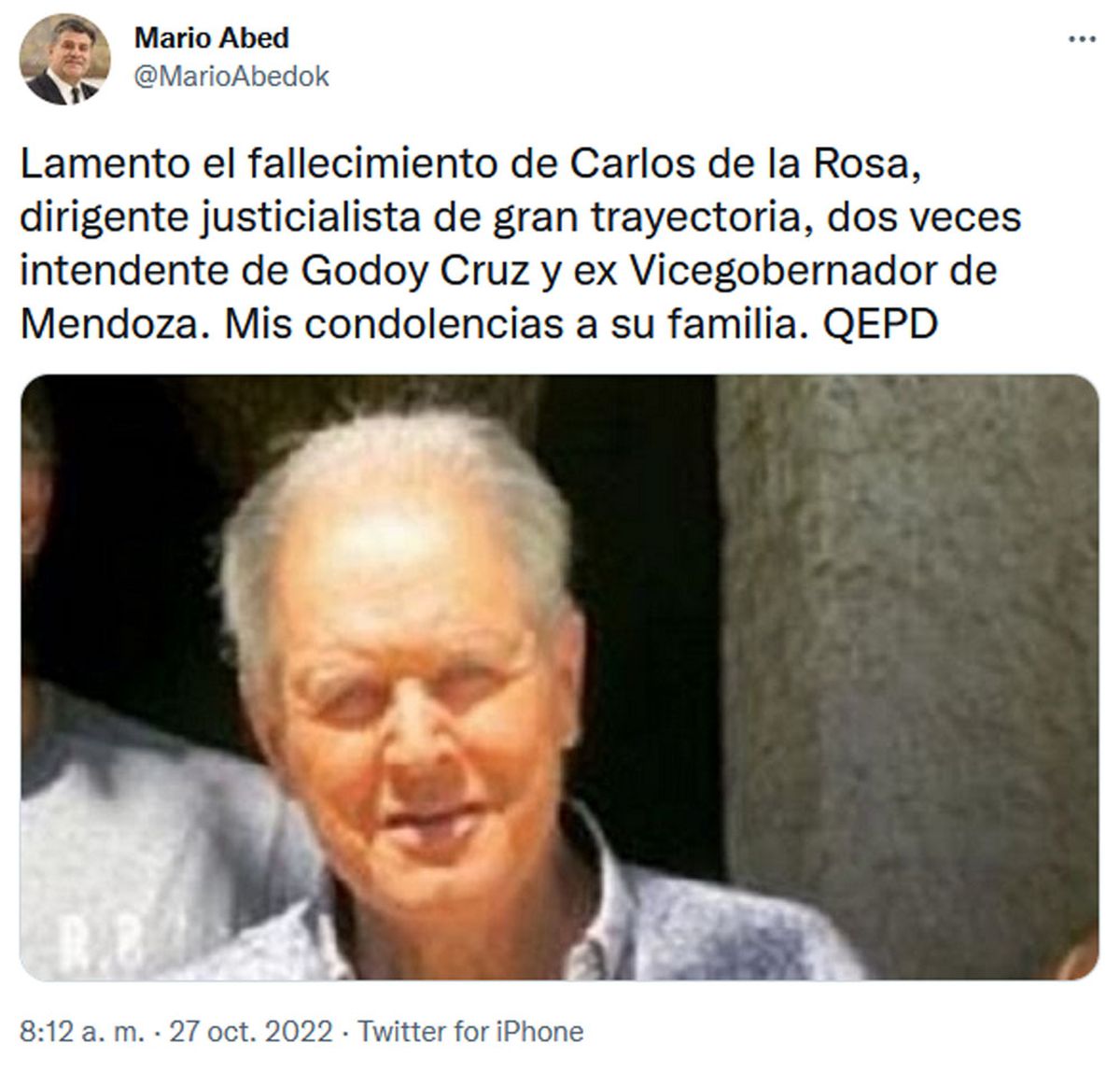 Murió Carlos de la Rosa, vicegobernador de Mendoza entre 1991 y 1995