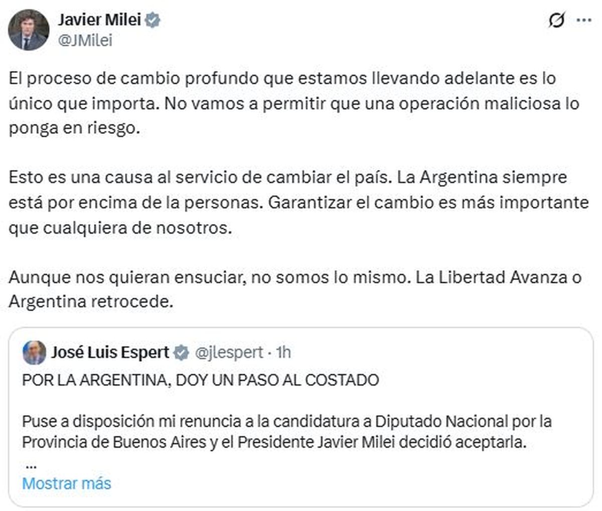 Milei sobre la renuncia de Espert: La Argentina siempre está por encima ...