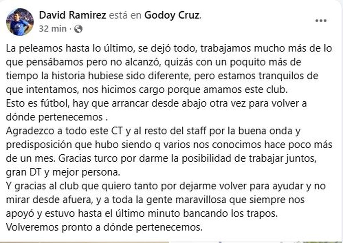 Godoy Cruz: David Ramírez y sus palabras emotivas sobre el descenso